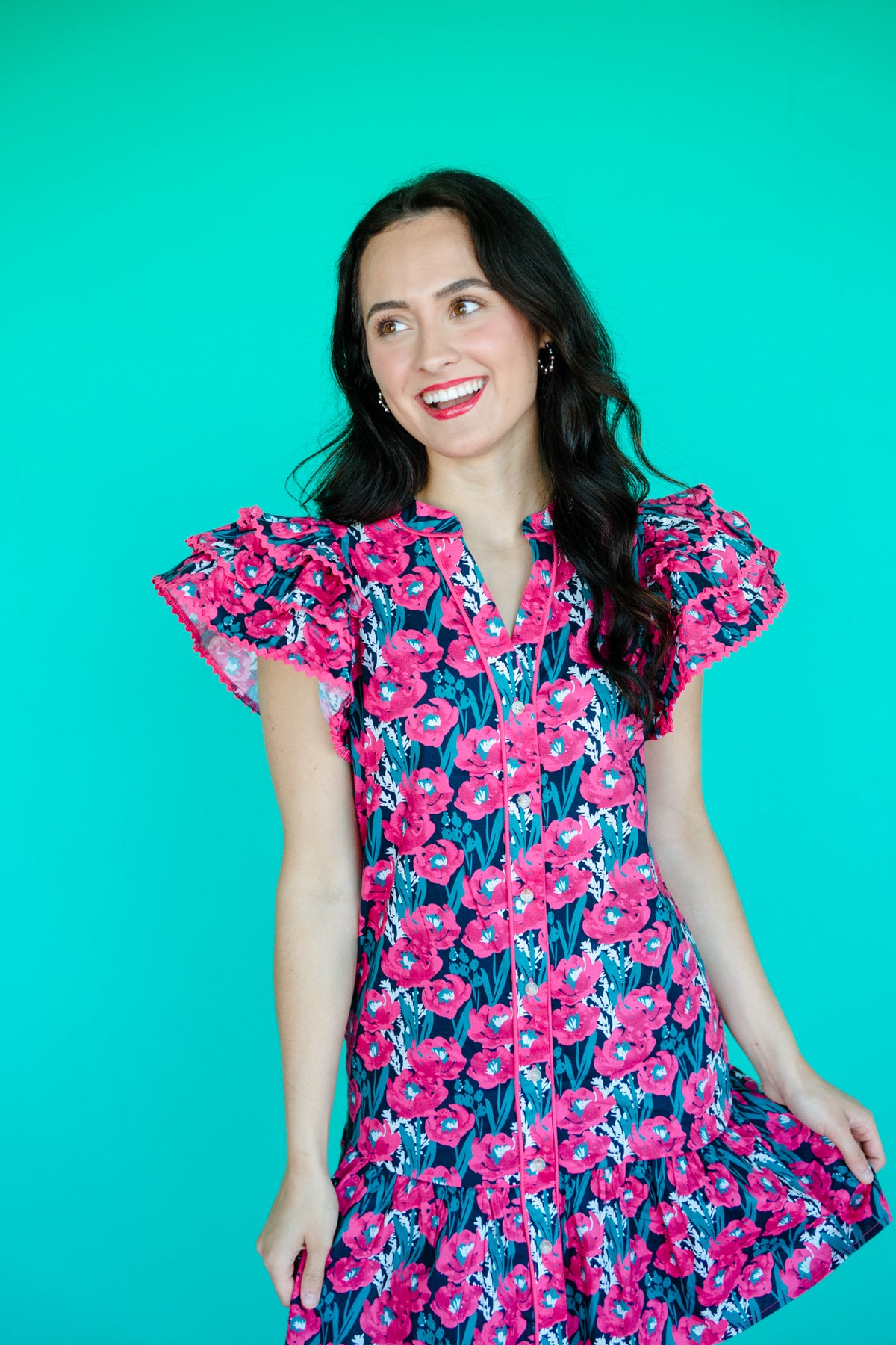 Rory Ruffle Sleeve Mini Dress - Raspberry + Navy — MyEllement Boutique